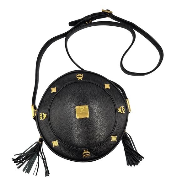 MCM | Bags | Mcm Vintage Black Leather Round Crossbody Bag Gold Logo ...